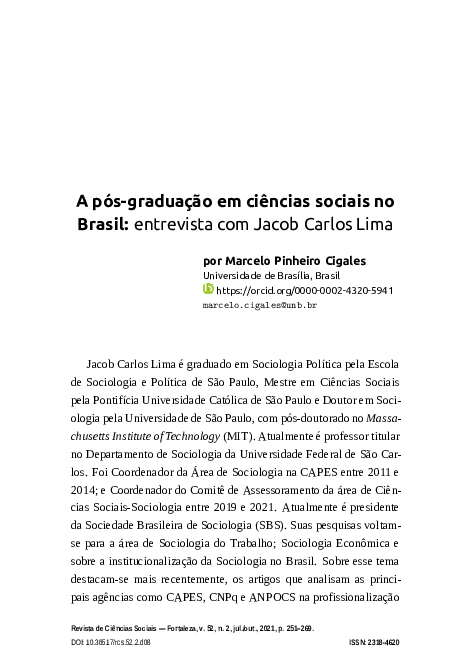 A pós-graduação em Ciências Sociais no Brasil: entrevista com Jacob ...