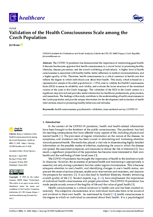 (PDF) Validation of the Health Consciousness Scale among the Czech ...