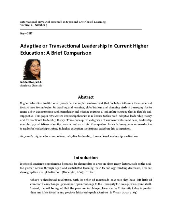 (PDF) Adaptive or Transactional Leadership in Current Higher Education ...