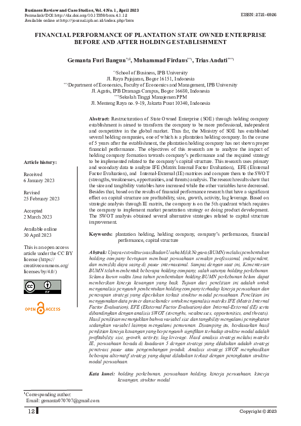 (PDF) Financial Performance of Plantation State Owned Enterprise Before ...