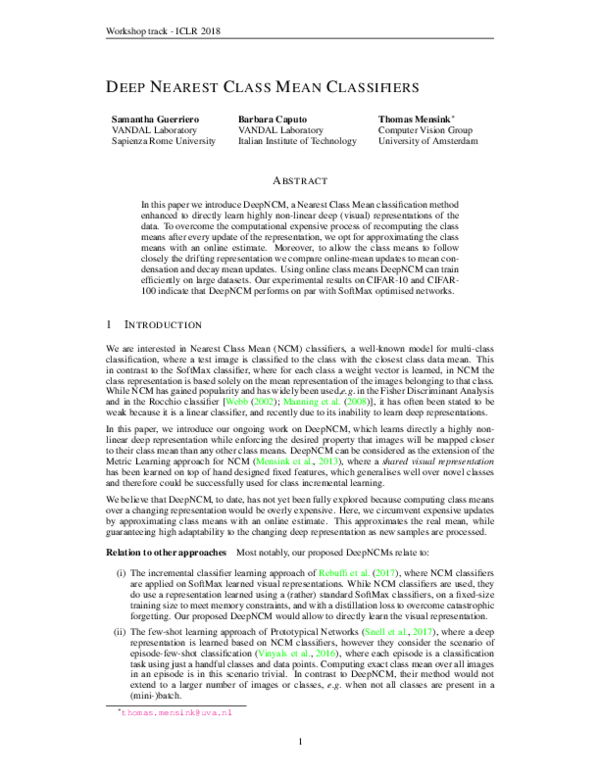(PDF) DeepNCM: Deep Nearest Class Mean Classifiers