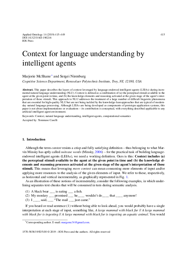 (PDF) Context for language understanding by intelligent agents