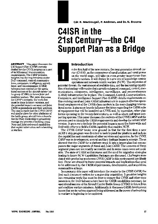(PDF) C4ISR in the 21st Century—the C4I Support Plan as a Bridge