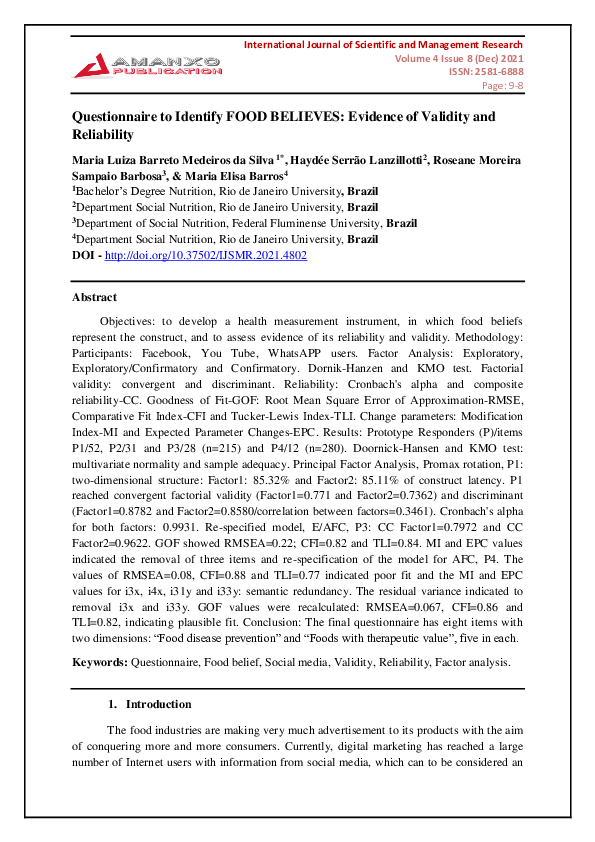 (PDF) Questionnaire to Identify FOOD BELIEVES: Evidence of Validity and ...