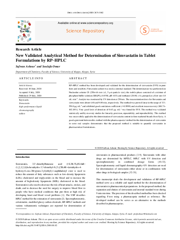 Pdf New Validated Analytical Method For Determination Of Simvastatin In Tablet Formulations By