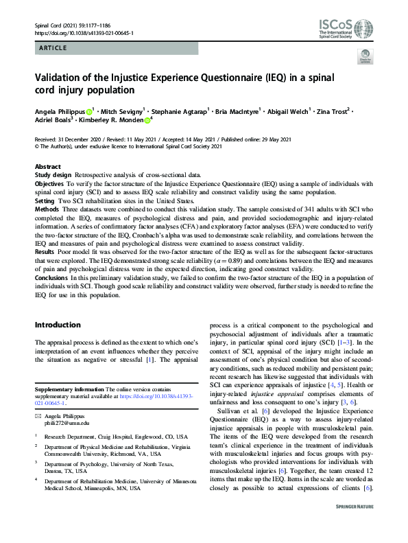 (PDF) Validation of the Injustice Experience Questionnaire (IEQ) in a ...