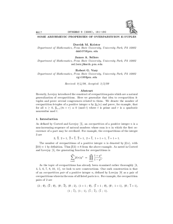 Pdf Some Arithmetic Properties Of Overpartition K Tuples