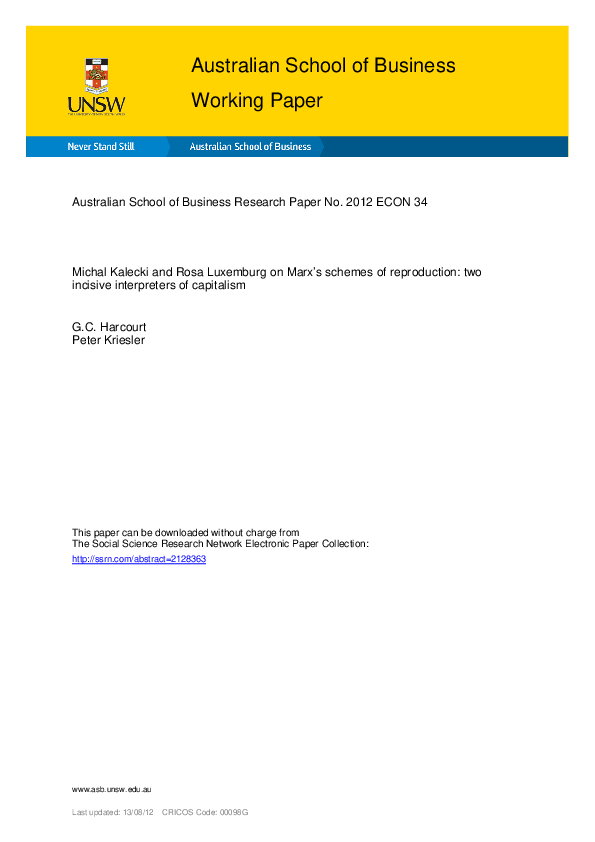 (PDF) Michal Kalecki and Rosa Luxemburg on Marx’s Schemes of ...