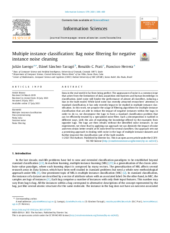 (PDF) Multiple instance classification: Bag noise filtering for negative instance noise cleaning