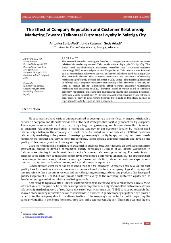 (PDF) Effect of Company Reputation and Customer Relationship Marketing Towards Telkomsel ...