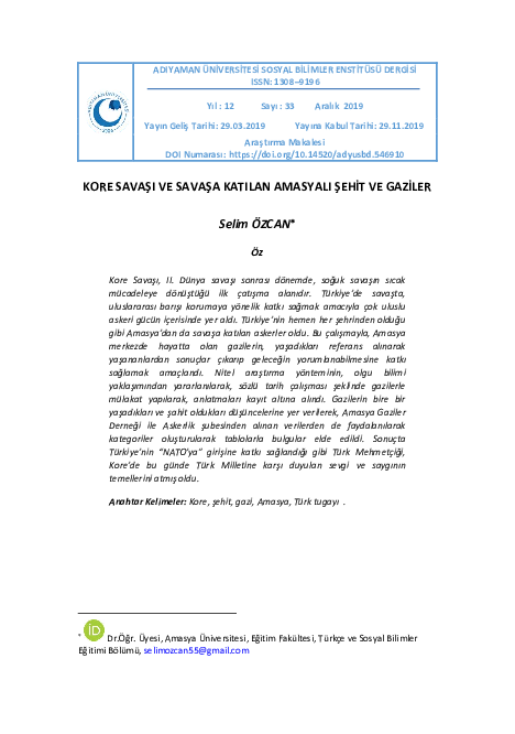 (PDF) Kore Savaşı ve Savaşa Katılan Amasyalı Şehit ve Gaziler