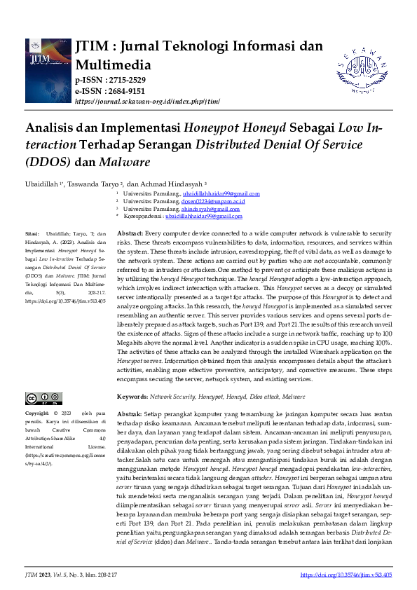 (PDF) Analisis dan Implementasi Honeypot Honeyd Sebagai Low Interaction Terhadap Serangan ...