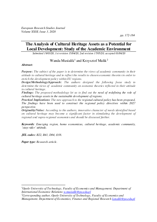 (PDF) The Analysis of Cultural Heritage Assets as a Potential for Local ...