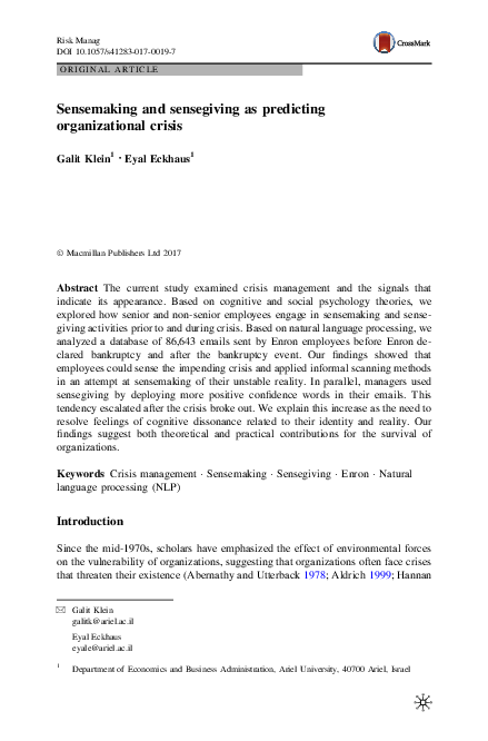 (PDF) Sensemaking and sensegiving as predicting organizational crisis