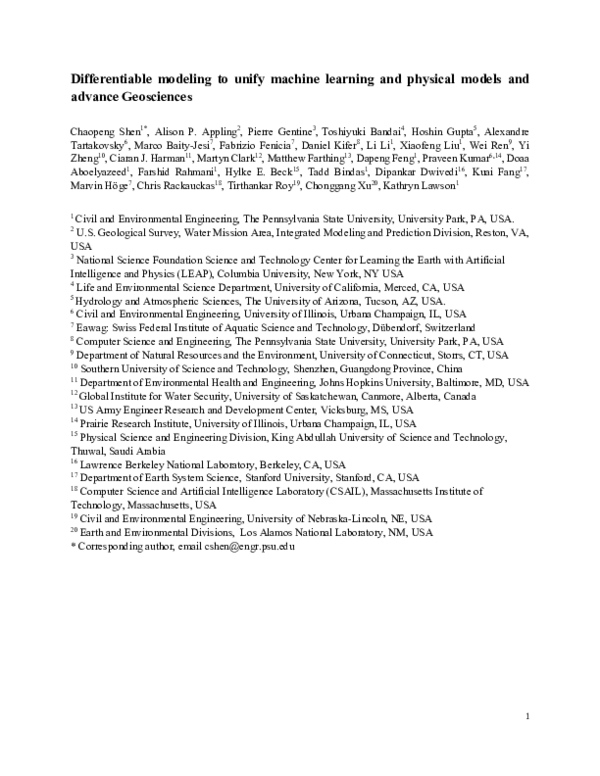 (PDF) Differentiable modeling to unify machine learning and physical models and advance Geosciences