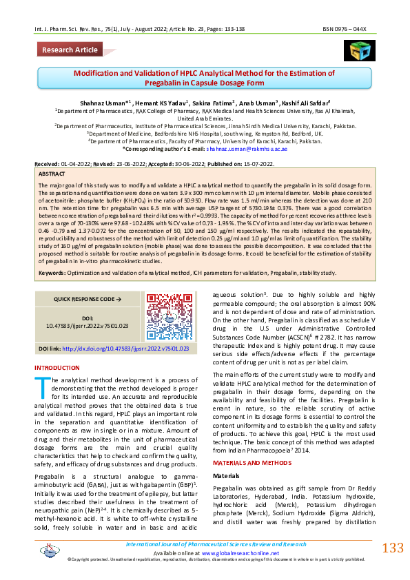 Pdf Modification And Validation Of Hplc Analytical Method For The Estimation Of Pregabalin In