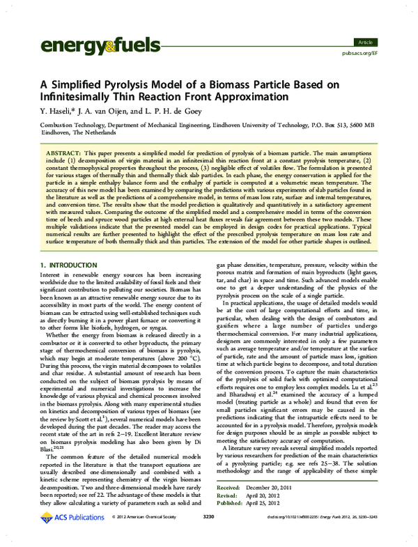 (PDF) A Simplified Pyrolysis Model of a Biomass Particle Based on ...