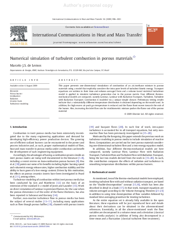 Pdf Numerical Simulation Of Turbulent Combustion In Porous Materials