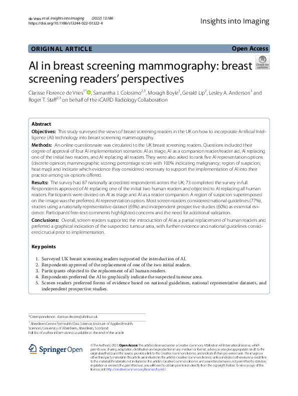 (PDF) AI in breast screening mammography: breast screening readers ...