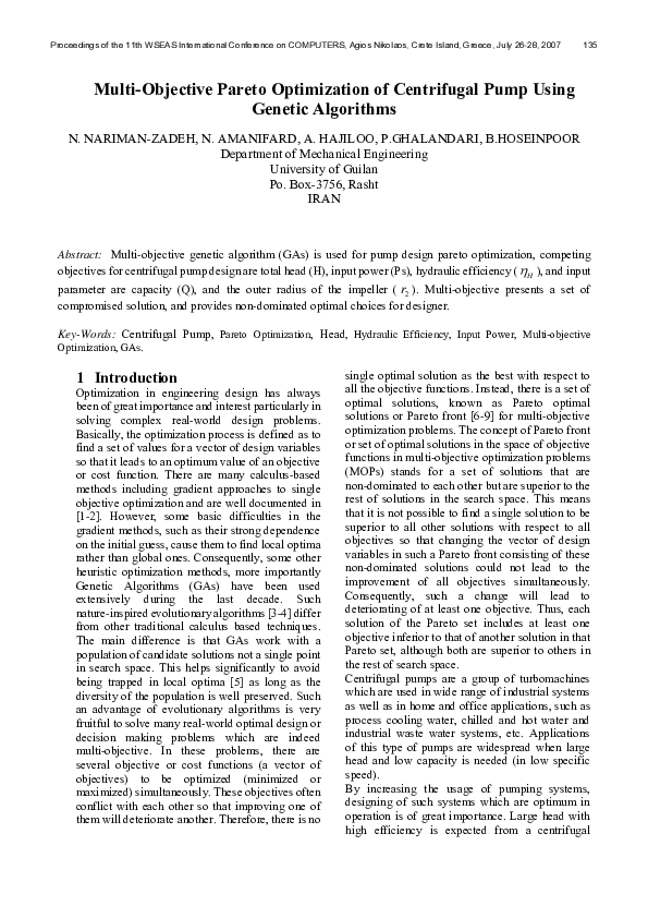 (PDF) Multi-objective Pareto optimization of centrifugal pump using genetic algorithms
