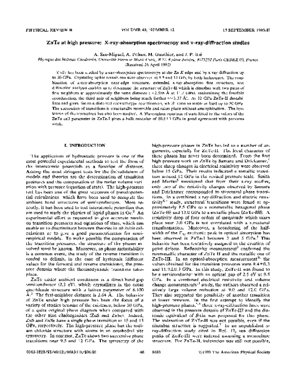 (PDF) ZnTe at high pressure: X-ray-absorption spectroscopy and x-ray ...