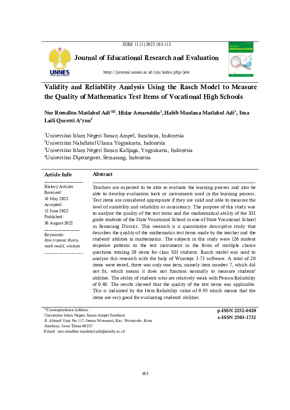 (PDF) Validity and Reliability Analysis Using the Rasch Model to Measure the Quality of ...