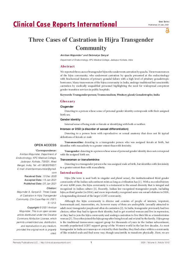 (PDF) Three Cases of Castration in Hijra Transgender Community