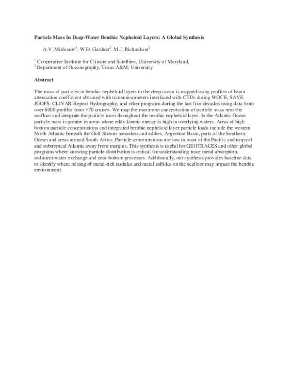 (PDF) Particle Mass in Deep-water Benthic Nepheloid Layers: A Global ...