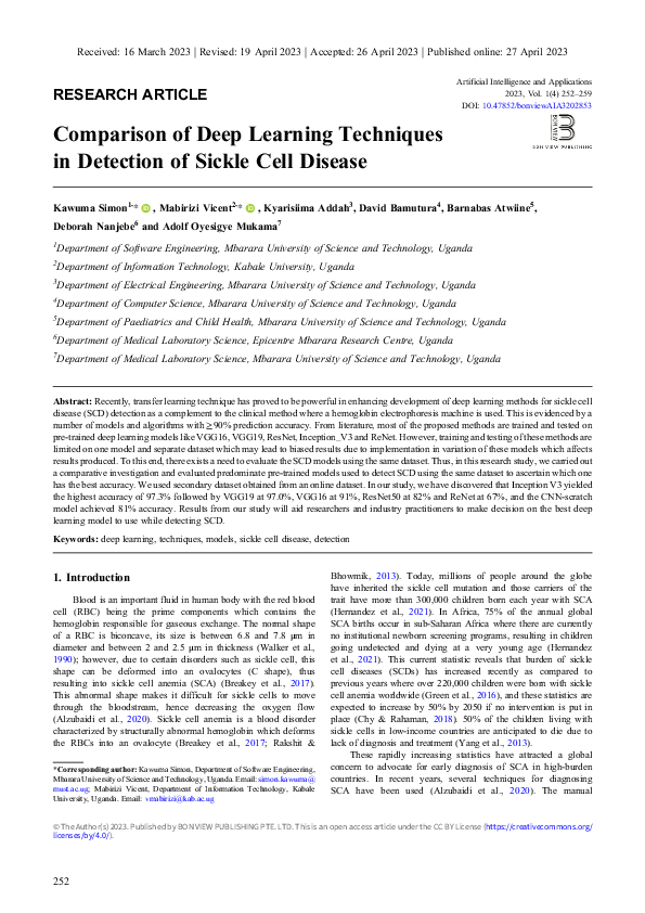 (PDF) Comparison of Deep Learning Techniques in Detection of Sickle Cell Disease | Mabirizi ...