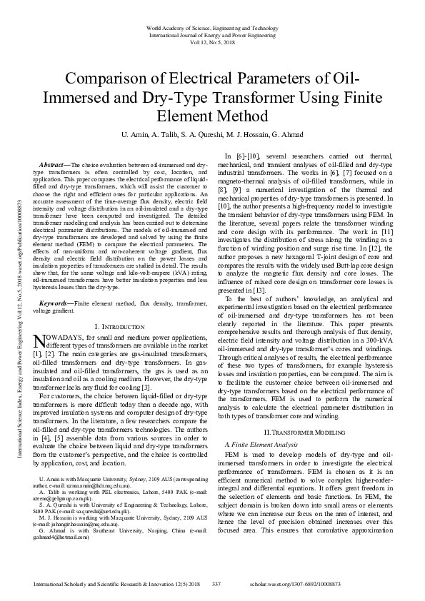 Pdf Comparison Of Electrical Parameters Of Oil Immersed And Dry Type