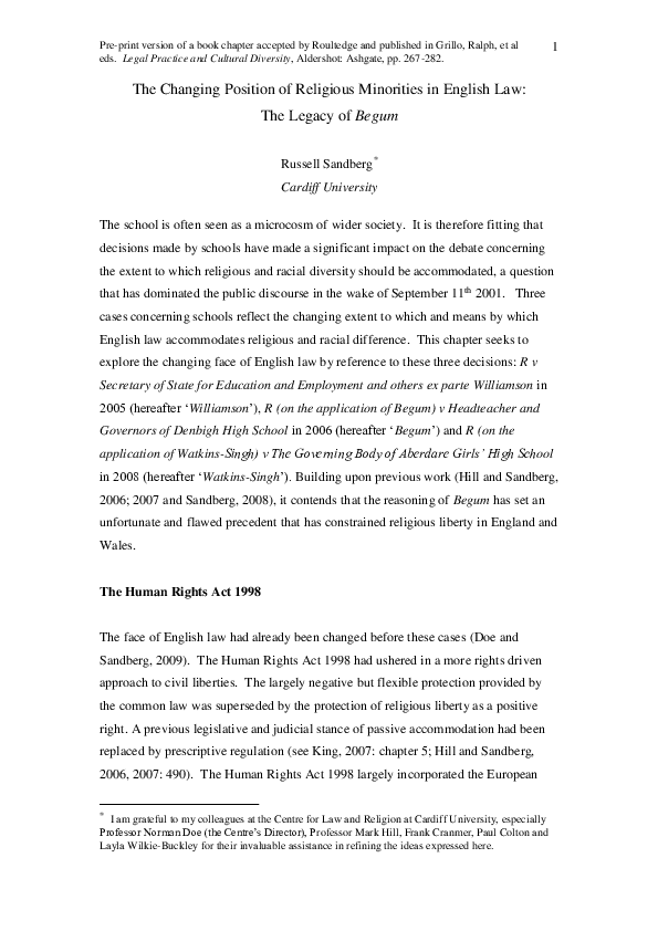(PDF) The Changing Position of Religious Minorities in English Law: The ...