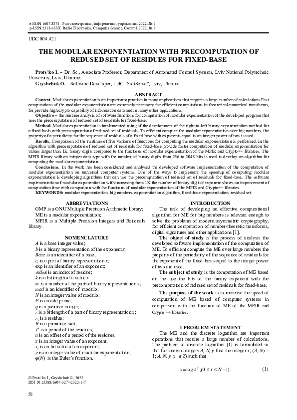 (PDF) The Modular Exponentiation with Precomputation of Redused Set of ...