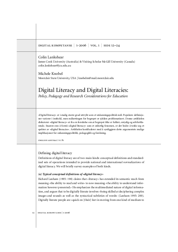 (PDF) Digital Literacy and Digital Literacies: - Policy, Pedagogy and Research Considerations ...
