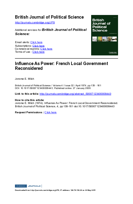 (PDF) Influence As Power: French Local Government Reconsidered