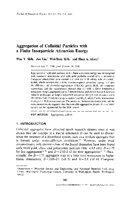 (PDF) Aggregation of colloidal particles with a finite interparticle attraction energy | Wan Y ...