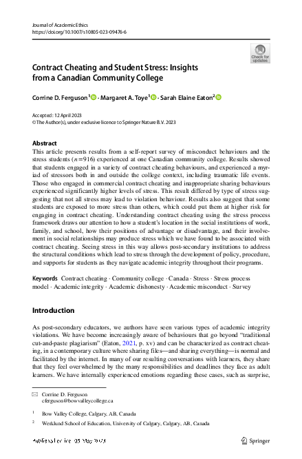(PDF) Contract Cheating and Student Stress: Insights from a Canadian Community College | Corrine ...