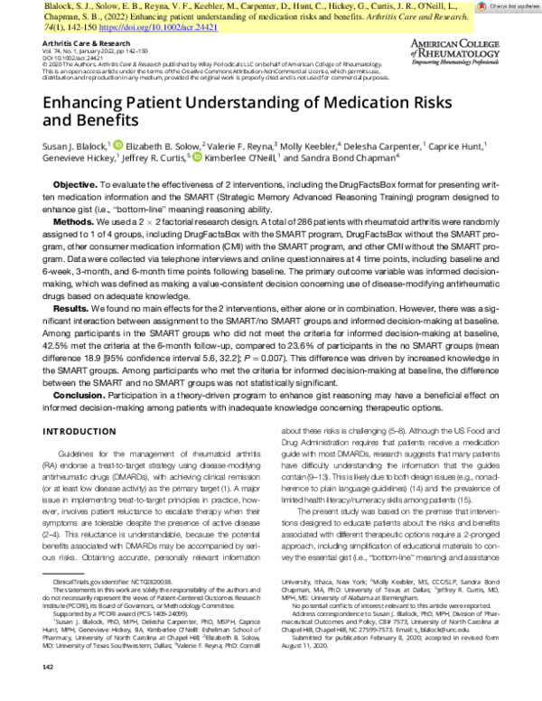 (PDF) Enhancing Patient Understanding of Medication Risks and Benefits ...