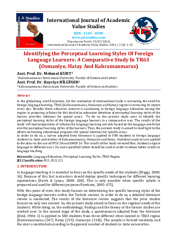 (PDF) Identifying the Perceptual Learning Styles Of Foreign Language ...