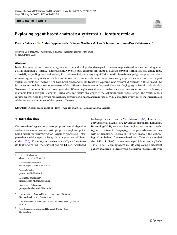 (PDF) Exploring agent-based chatbots: a systematic literature review