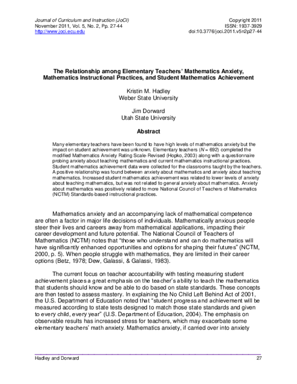 (PDF) Investigating the Relationship between Elementary Teacher Mathematics Anxiety, Mathematics ...