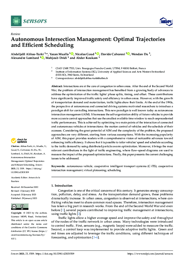 (PDF) Autonomous Intersection Management: Optimal Trajectories and Efficient Scheduling