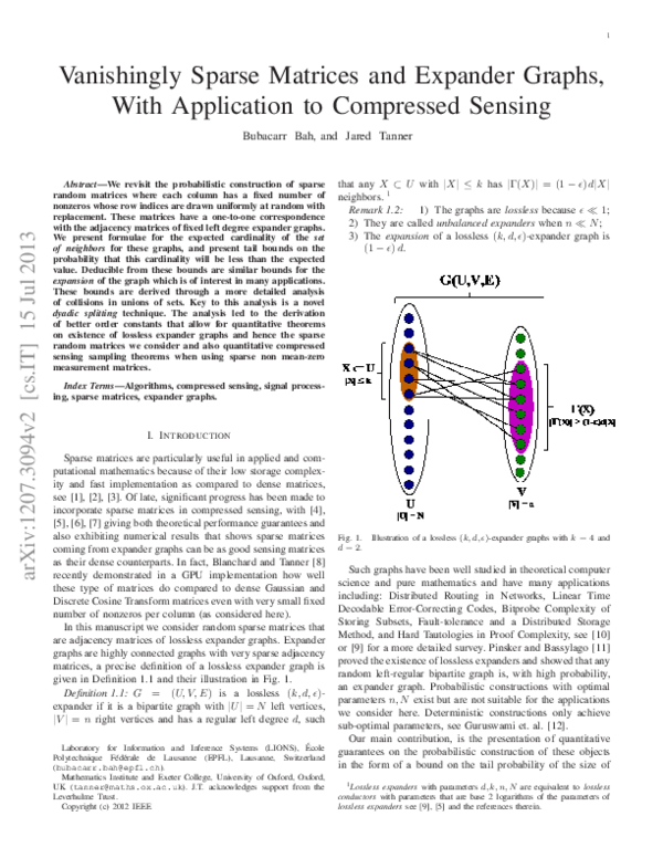 (PDF) Vanishingly Sparse Matrices and Expander Graphs, With Application to Compressed Sensing