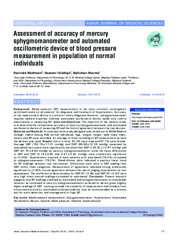 (PDF) Assessment of accuracy of mercury sphygmomanometer and automated ...