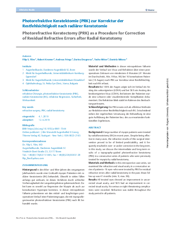 (PDF) Photorefraktive Keratektomie (PRK) zur Korrektur der Restfehlsichtigkeit nach radiärer ...