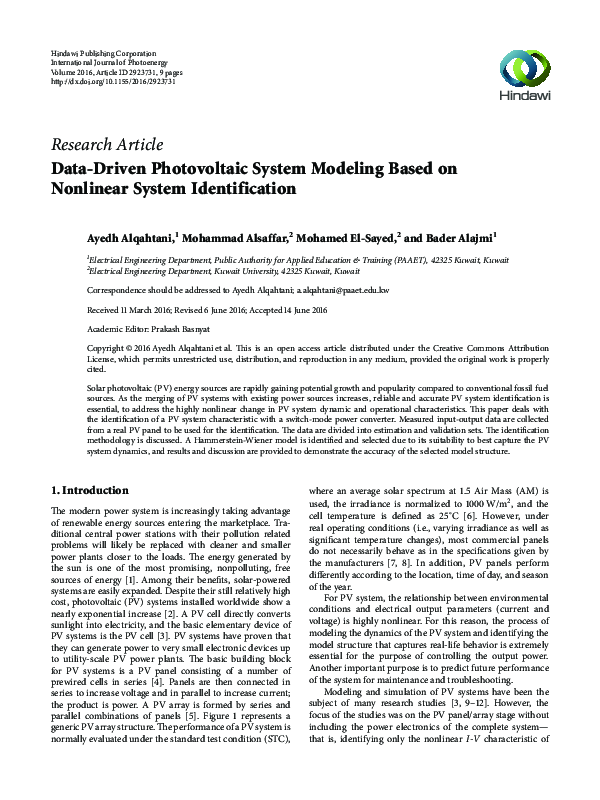 Pdf Data Driven Photovoltaic System Modeling Based On Nonlinear System Identification
