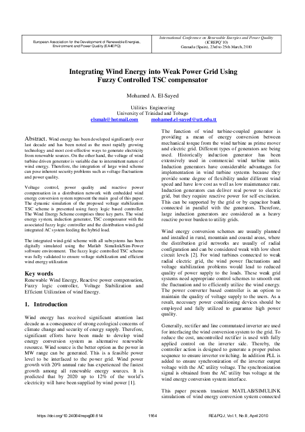 Pdf Integrating Wind Energy Into Weak Power Grid Using Fuzzy