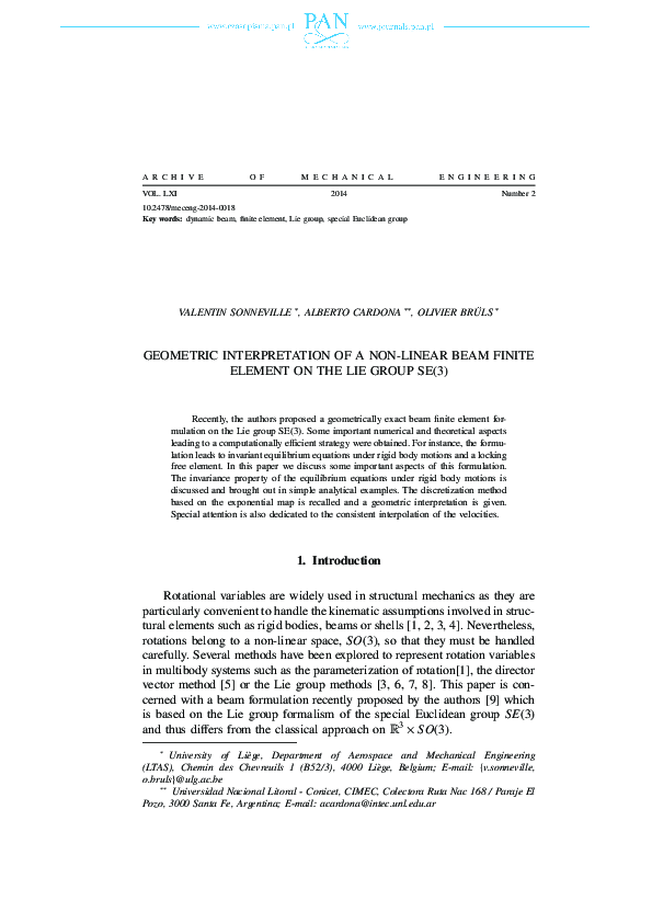 (PDF) Geometric Interpretation of a Non-Linear Beam Finite Element on The Lie Group SE(3)