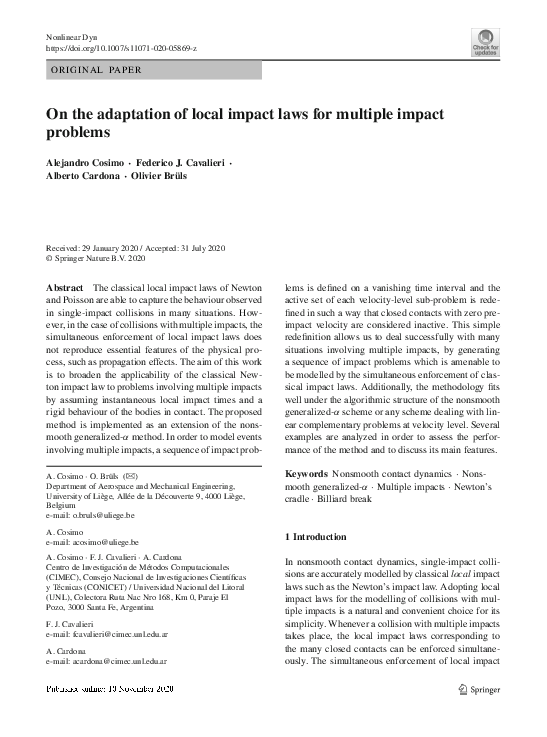 (PDF) On the adaptation of local impact laws for multiple impact problems