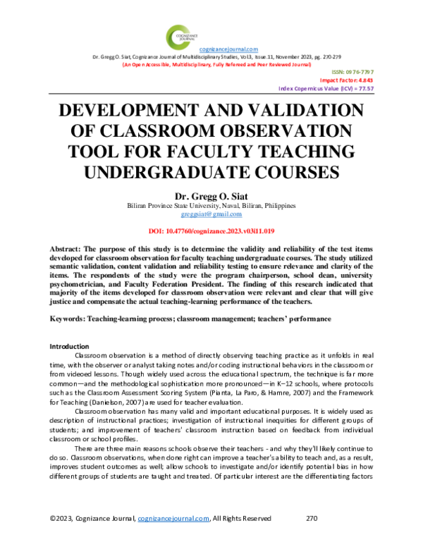 (PDF) DEVELOPMENT AND VALIDATION OF CLASSROOM OBSERVATION TOOL FOR ...