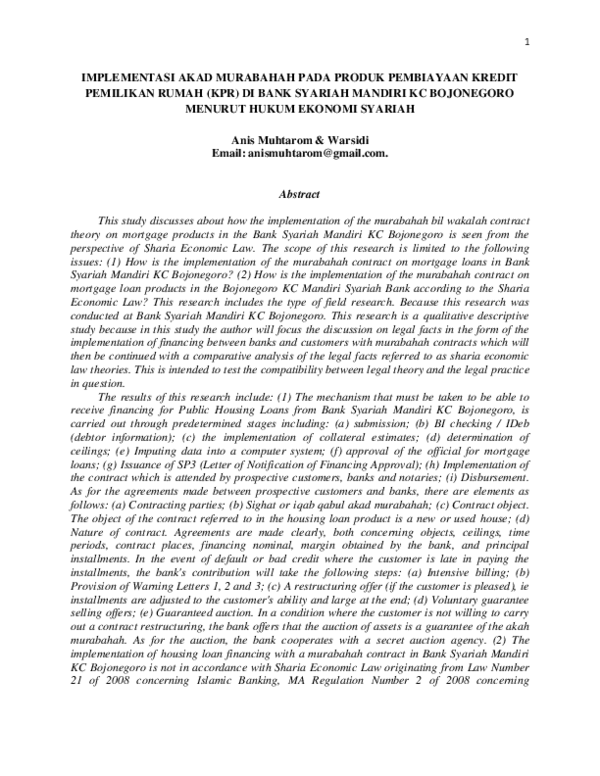 (PDF) Implementasi Akad Murabahah Pada Produk Pembiayaan Kredit Pemilikan Rumah (KPR) di Bank ...